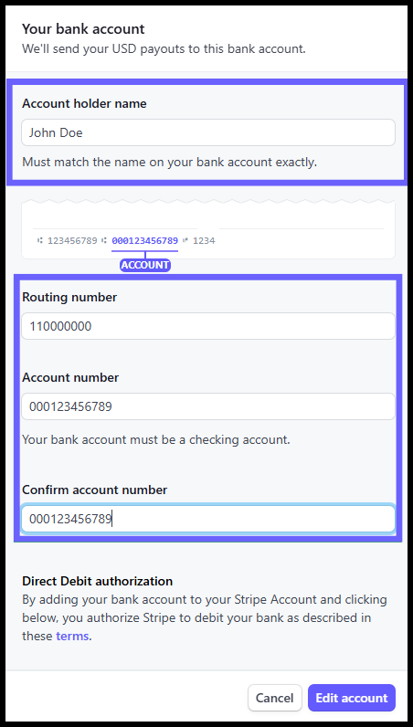 How to Update Bank account information on Stripe